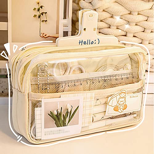 Clear Cute Pencil Case Kawaii Pencil Case Multi-Layer Aesthetic Pencil Pouch Marker Case Holder Storage Bag (Beige)