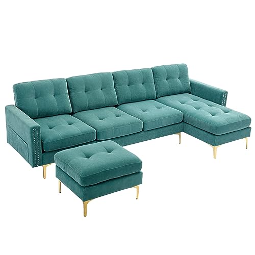 UBGO Living Room Furniture Sets,110" Large Sofa,U-Shape Sectional Chaise Lounge and Convertible Ottoman,Velvet Couches for Apartment,Office (Green)