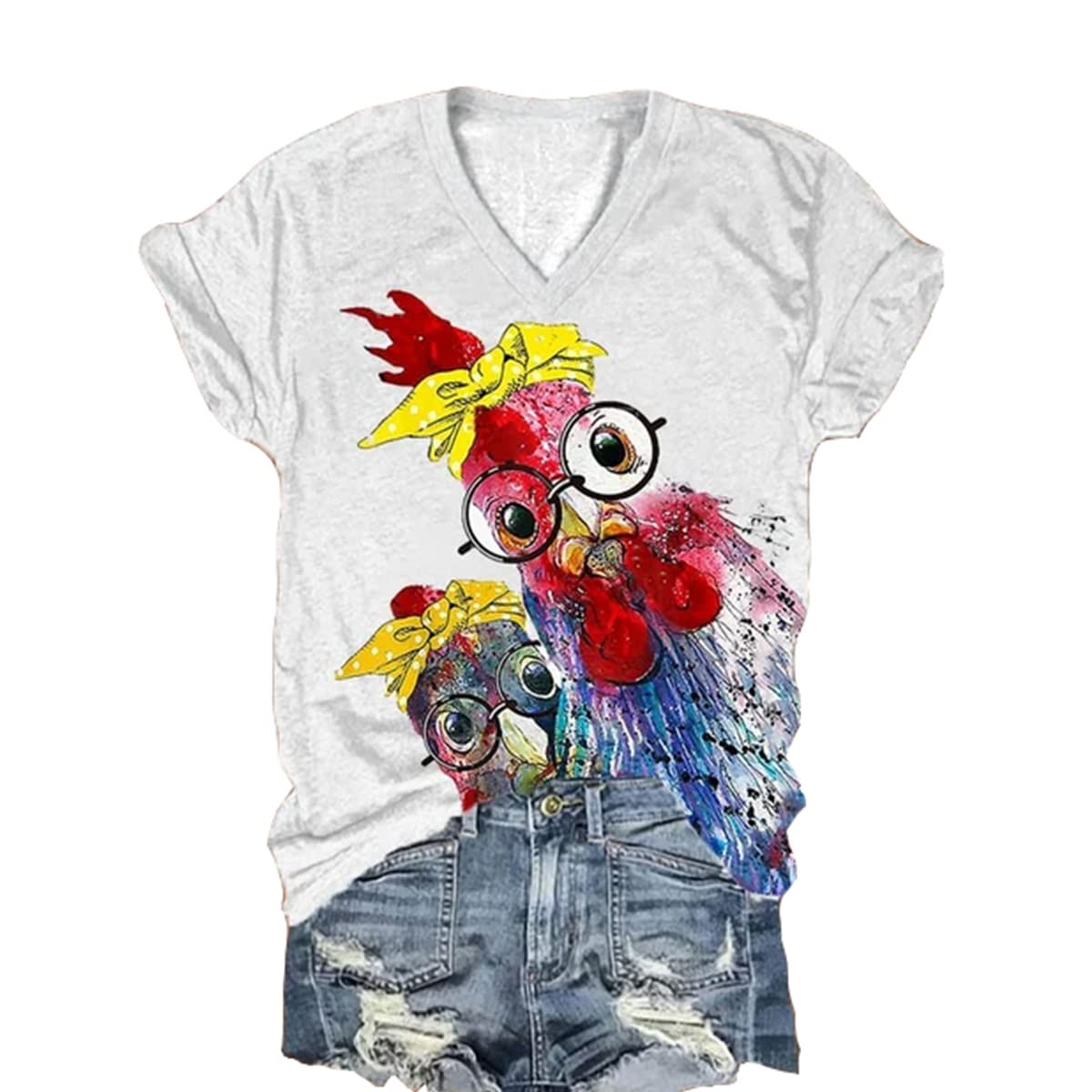 Women's Fun Chicken Print V Neck T Shirt Summer Short Sleeves Casual Cute Animal Graphics Tops Tee