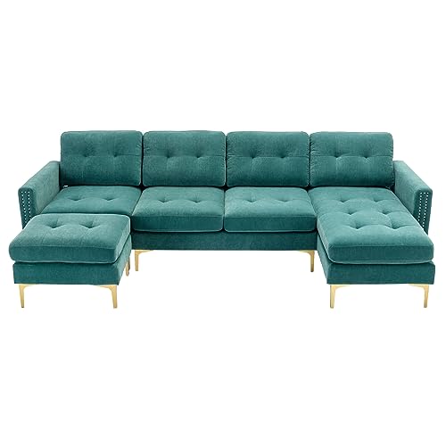 UBGO Living Room Furniture Sets,110" Large Sofa,U-Shape Sectional Chaise Lounge and Convertible Ottoman,Velvet Couches for Apartment,Office (Green)