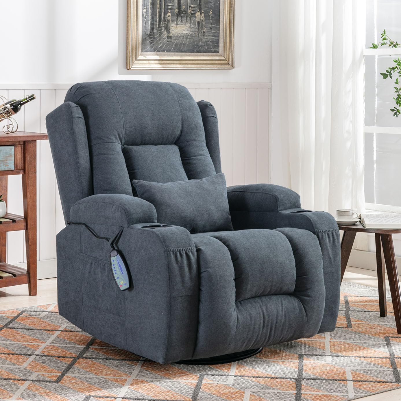 IPKIG Recliner Chair, Massage Swivel Rocker Recliner Chairs with Vibration Massage and Heat, Rocking Function, Side Pocket, 2 Cup Holders, Lumbar Pillow, Ergonomic Lounge Chair for Living Room (Blue)