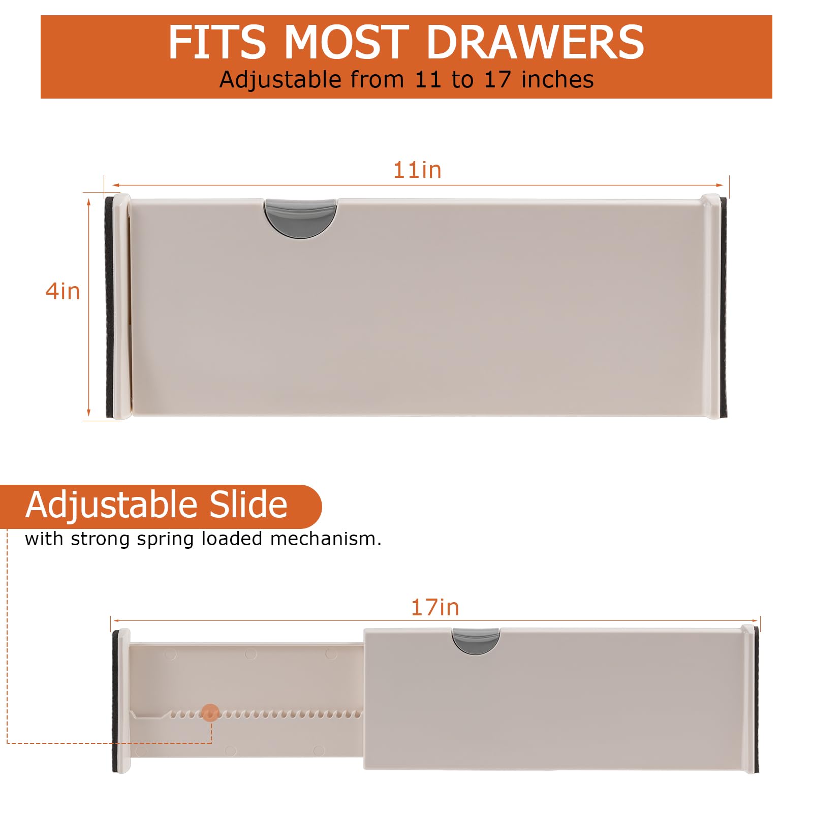 APOCHON 5 Pack Adjustable Drawer Dividers, 4" High, 11-17" Long, Dresser Drawer Divider for Bedroom, Closet, Kitchen, Nursery Organization, Office, Strong & Sturdy Hold, Soft Foam Edges,Beige