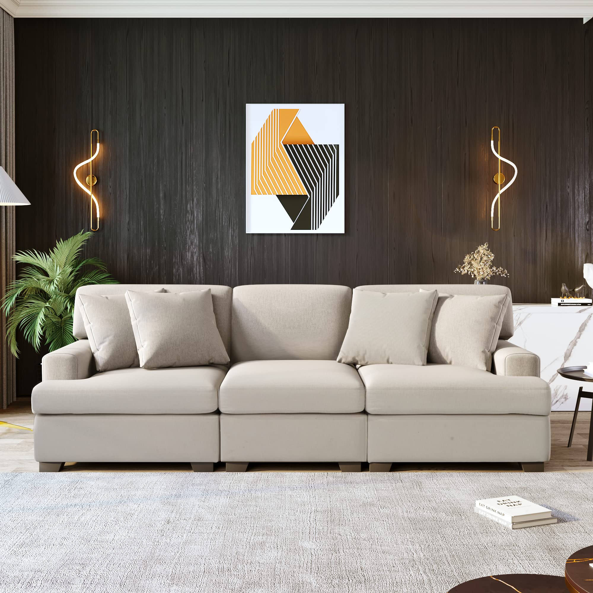 Merax Sofa with Removable Back and Seat Cushions and 4 Comfortable Pillows, Beige