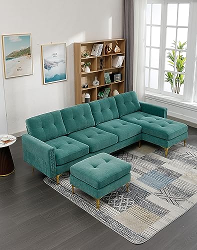 UBGO Living Room Furniture Sets,110" Large Sofa,U-Shape Sectional Chaise Lounge and Convertible Ottoman,Velvet Couches for Apartment,Office (Green)