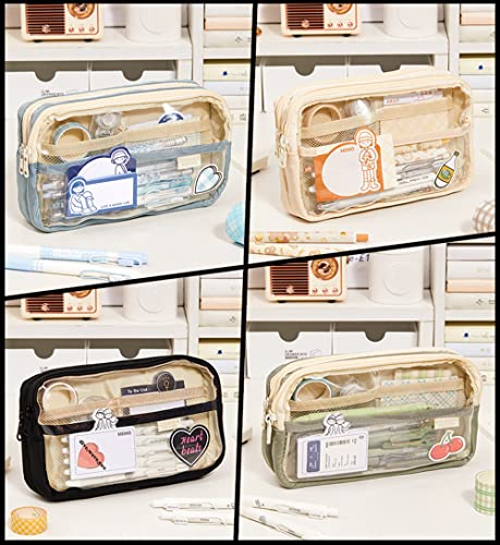Clear Cute Pencil Case Kawaii Pencil Case Multi-Layer Aesthetic Pencil Pouch Marker Case Holder Storage Bag (Beige)