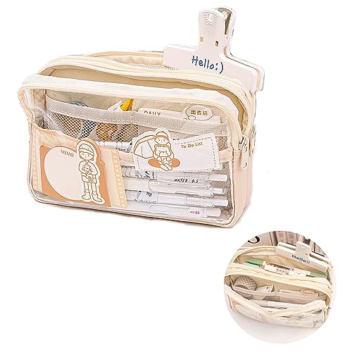 Clear Cute Pencil Case Kawaii Pencil Case Multi-Layer Aesthetic Pencil Pouch Marker Case Holder Storage Bag (Beige)
