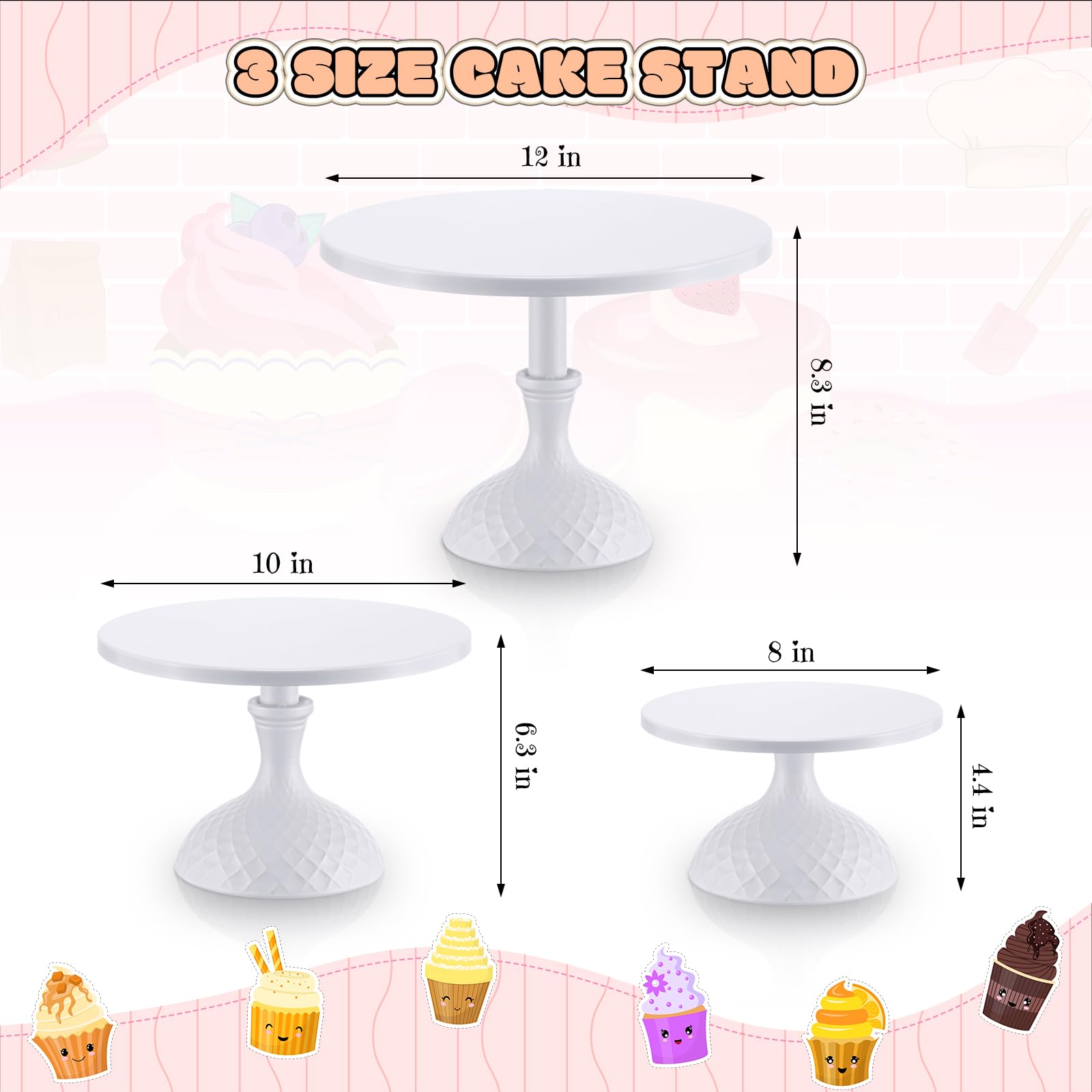 Hicarer 3pcs Cake Stand Set Metal Dessert Table Display Tiered Cupcake Holder of Disc Diameter 8" 10" 12", Grid Mesh Design Tall Base Candlestick Display for Wedding Baby Shower Birthday Party (White)