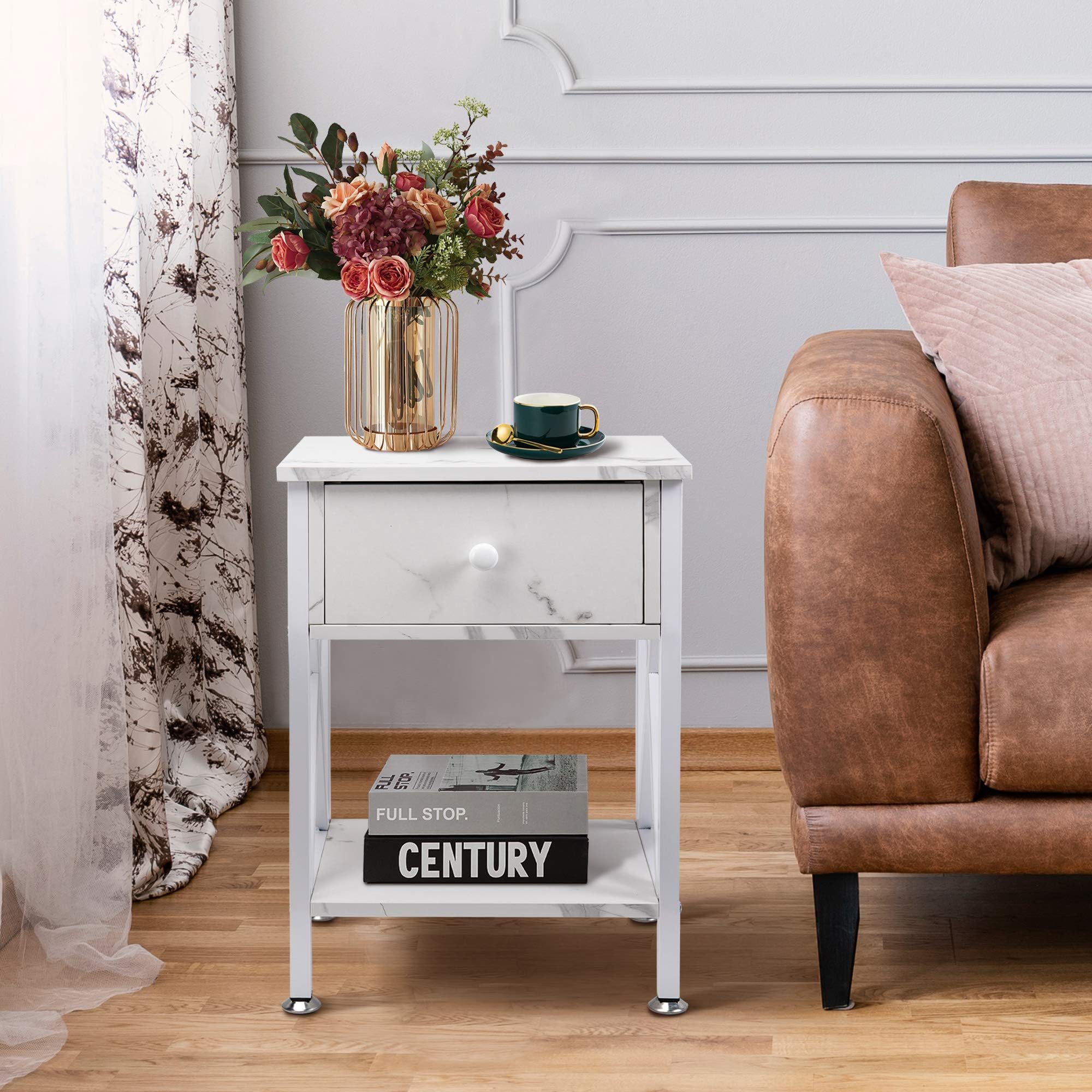 GOOD & GRACIOUS Nightstand End Side Table with Drawer Night Stand End Tables with Shelf for Living Room, Bedroom, Bed Side, Small Narrow Side Tables, Metal White