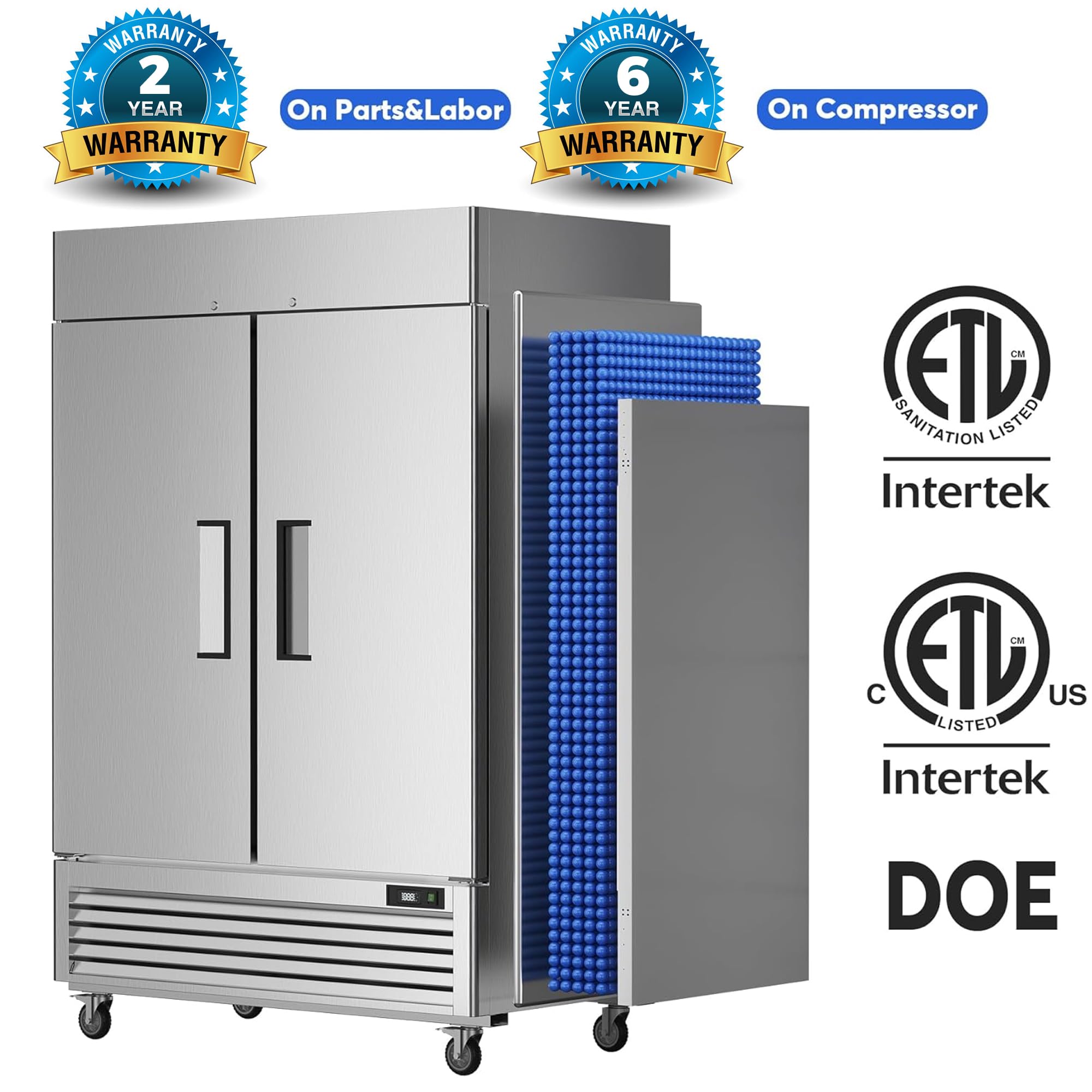 Coolski 54'' W Commercial Refrigerator, Stainless Steel Reach-in Refrigerator with 49 Cu.Ft Capacity/8 Shelves/LED Lighting/33℉~41℉/ETL Approved
