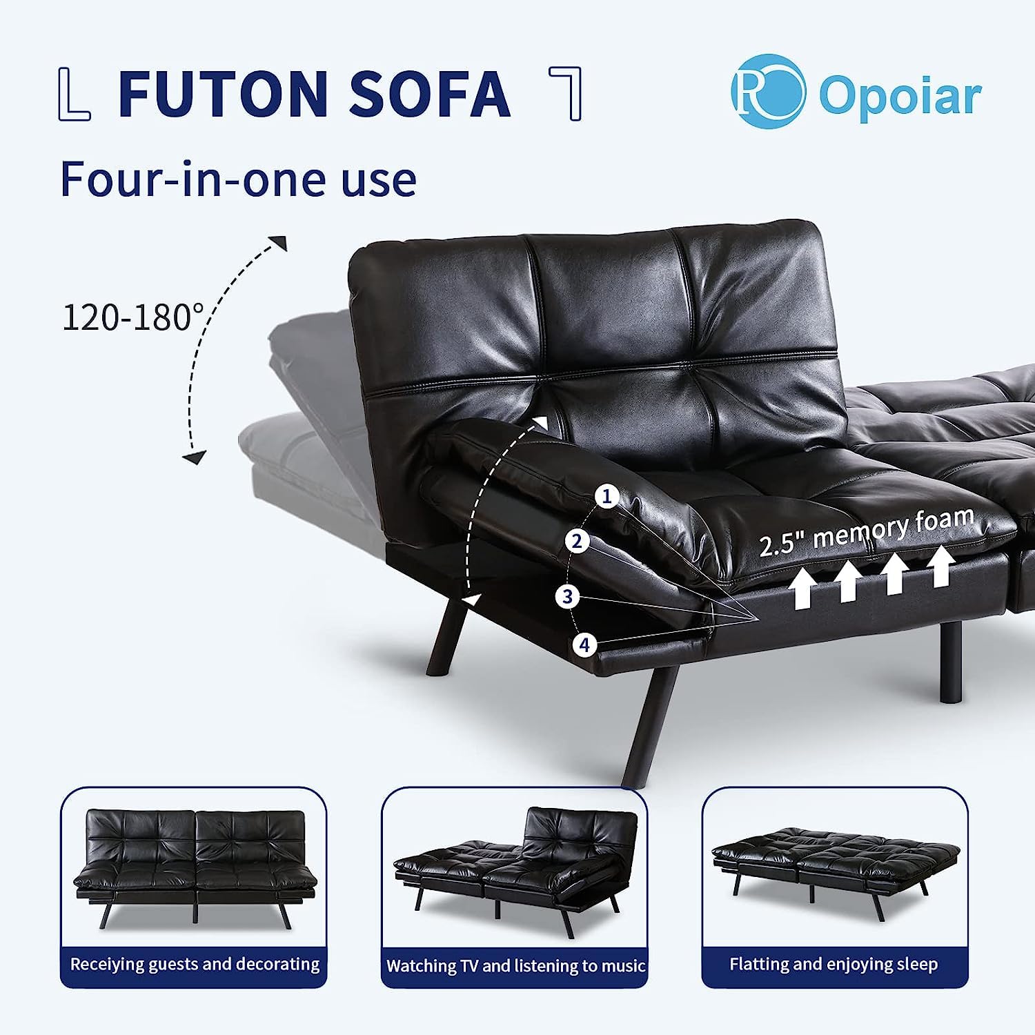 Anwick Futon Sofa Bed with Adjustable Armrests, Lounge Memory Foam Sleeper Couch, Convertible Loveseat Daybed for Modern Office, Apartment, Compact Living Room