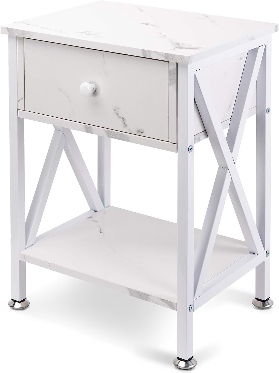GOOD & GRACIOUS Nightstand End Side Table with Drawer Night Stand End Tables with Shelf for Living Room, Bedroom, Bed Side, Small Narrow Side Tables, Metal White