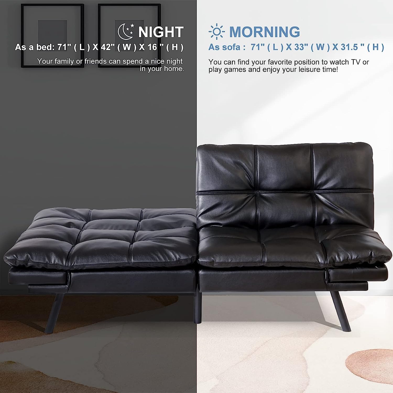 Anwick Futon Sofa Bed with Adjustable Armrests, Lounge Memory Foam Sleeper Couch, Convertible Loveseat Daybed for Modern Office, Apartment, Compact Living Room