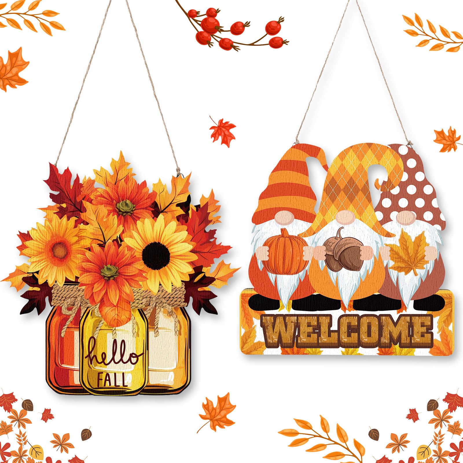 Huwena 2 Pcs Fall Welcome Sign Hello Fall Sign Thanksgiving Wooden Hanging Sign Rustic Home Farmhouse Porch Decor Autumn Harvest Door Sign for Home Outdoor Indoor Decor(Flower and Gnome)