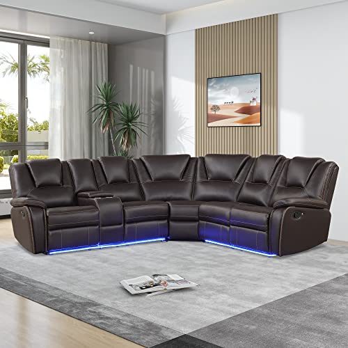 Modern Manual Reclining Motion Corner Sectional Sofa ,5 Seaters PU Leather Recliner Sofa & Couch Curved L-Shaped Couch W/ LED Strip, Console Storage and 2 Cup Holders for Living Room Furniture Sets