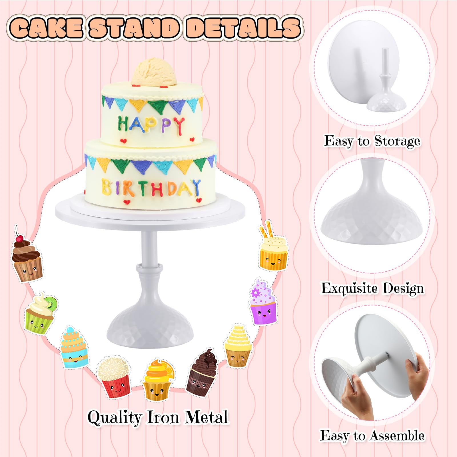 Hicarer 3pcs Cake Stand Set Metal Dessert Table Display Tiered Cupcake Holder of Disc Diameter 8" 10" 12", Grid Mesh Design Tall Base Candlestick Display for Wedding Baby Shower Birthday Party (White)