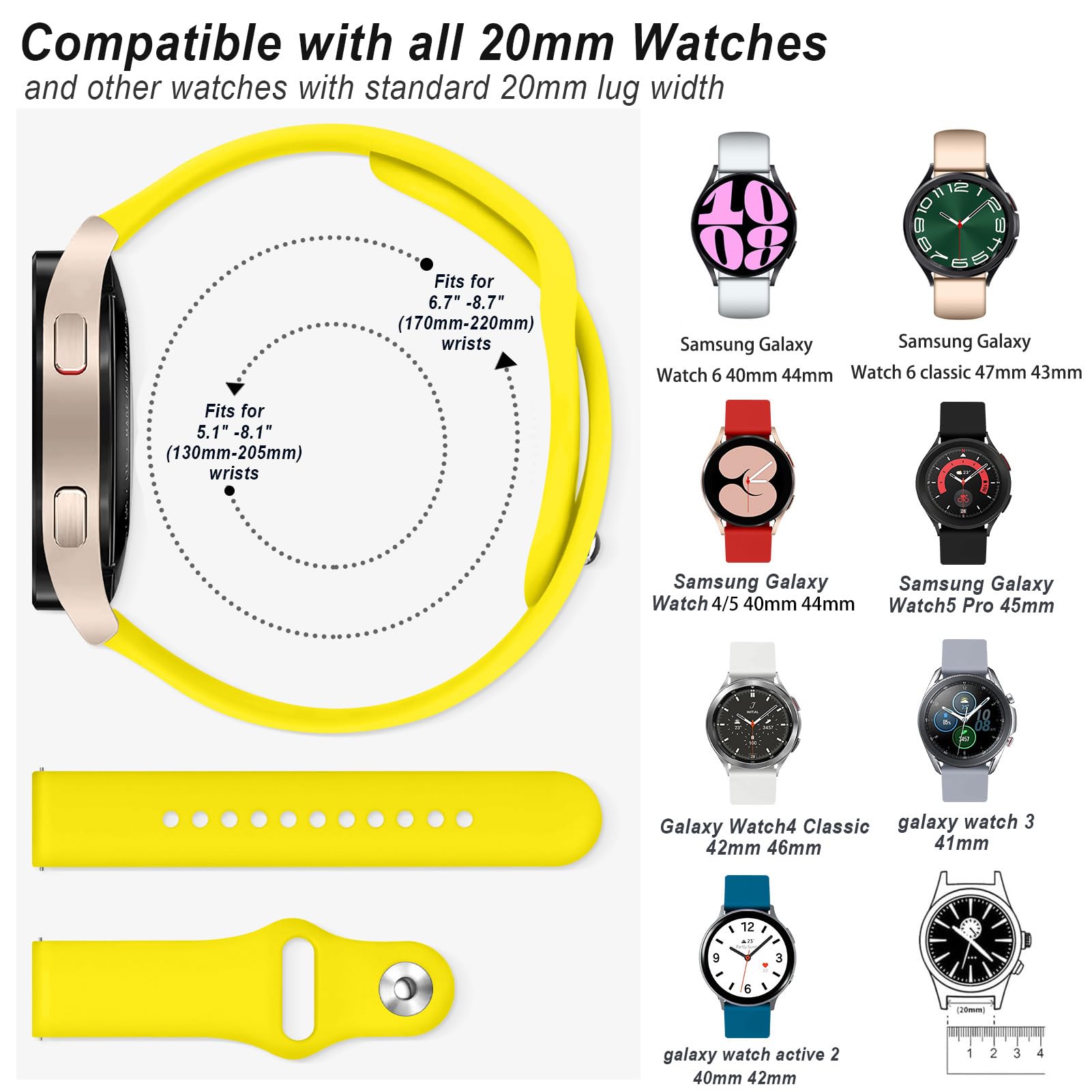 Sport Band for Samsung Galaxy Watch 7/6/5/4/FE Band 40mm 44mm/Galaxy Watch 6 Classic 47mm 43mm/4 Classic 46mm 42mm/Active 2/Watch 5 pro 45mm/3 41mm Women/Men,20mm Silicone Strap Correa Wristbands 4PCS