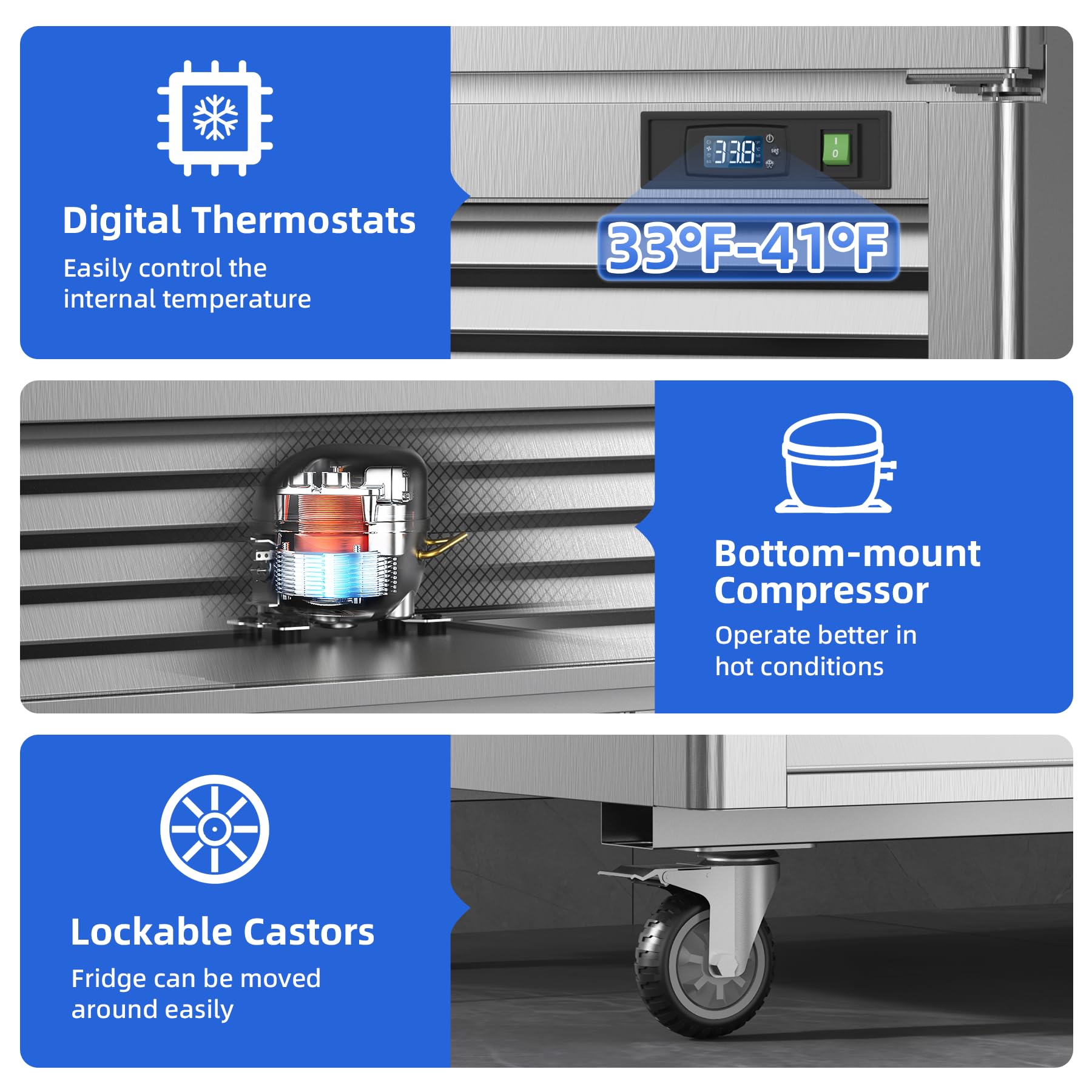 Coolski 54'' W Commercial Refrigerator, Stainless Steel Reach-in Refrigerator with 49 Cu.Ft Capacity/8 Shelves/LED Lighting/33℉~41℉/ETL Approved