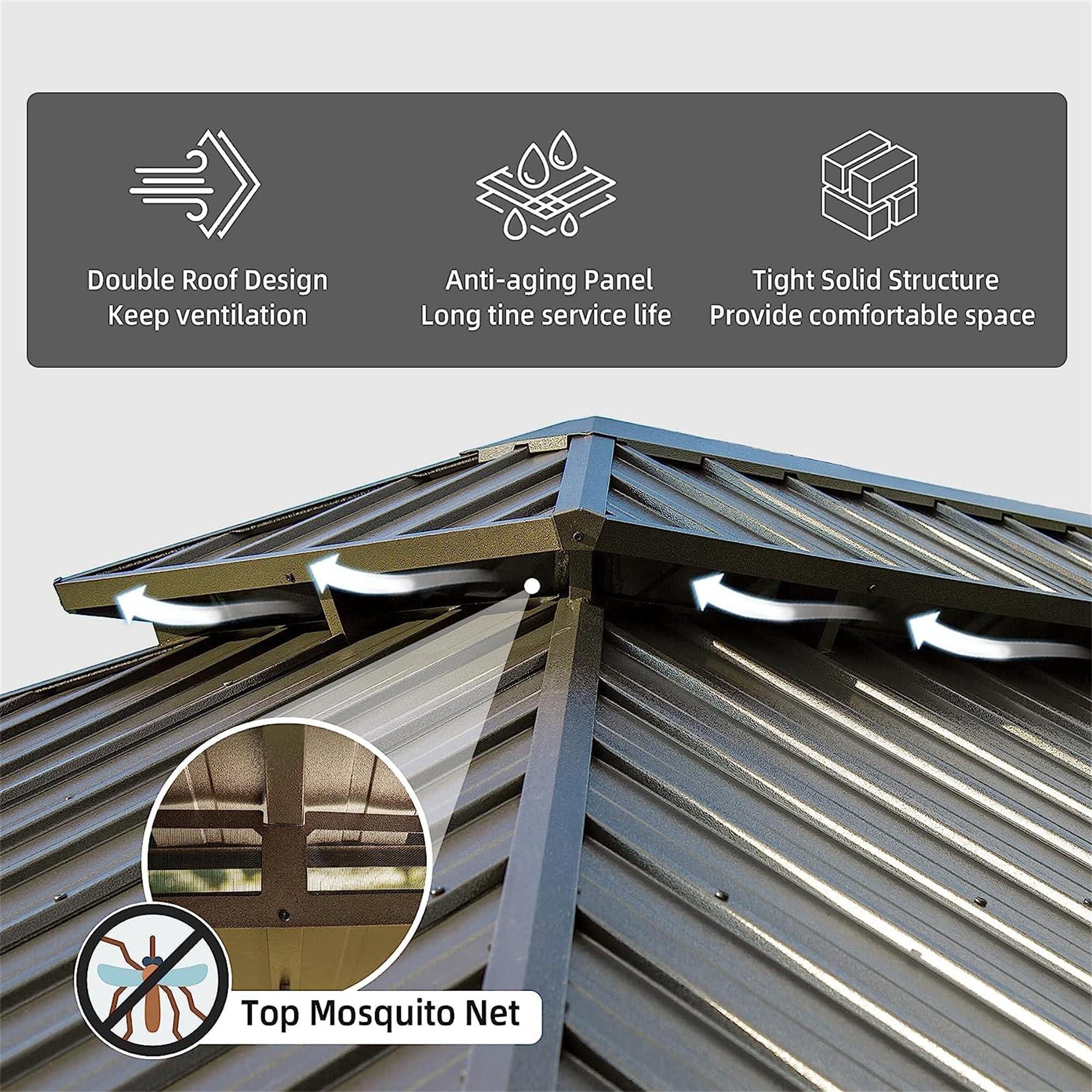 Evedy 12' x 18' Hardtop Gazebo Outdoor Aluminum Wood Grain Gazebos with Galvanized Steel Double Canopy for Patios Deck Backyard,Curtains&Netting,Outdoor Permanent Metal Pavilion
