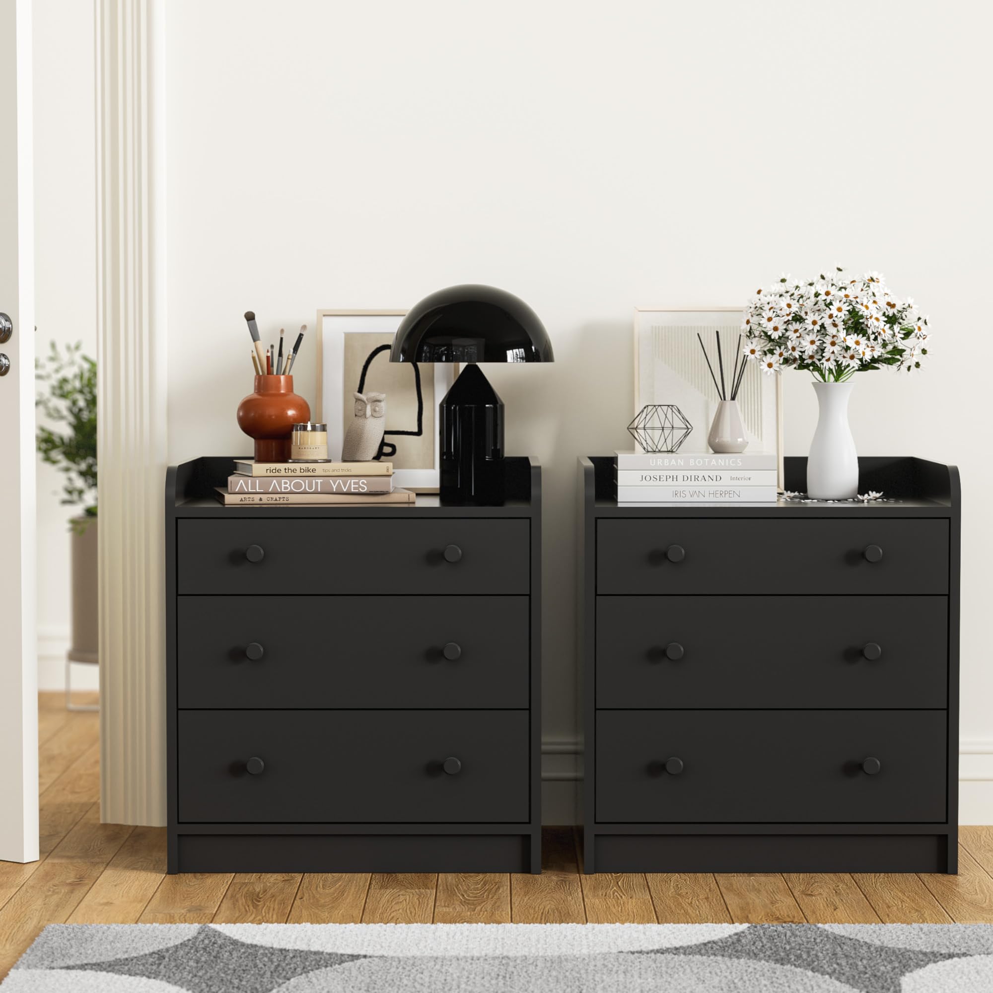 Anystyle Black 3 Drawer Dresser Set of 2, Modern 3 Drawer Dresser Bedside Table, Black Side End Table Nightstand for Bedroom Living Room