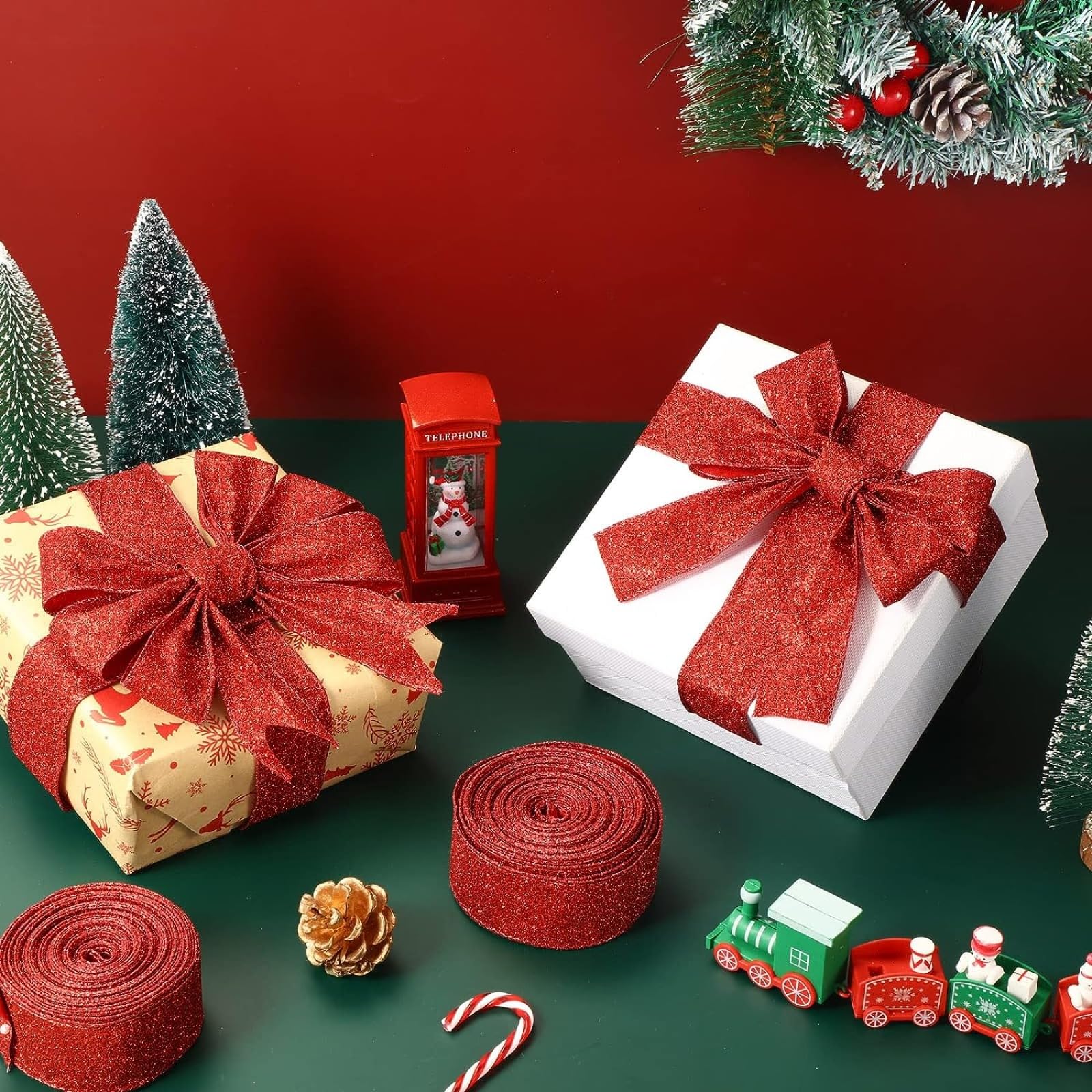 Christmas Ribbon Red Velvet 10 Yards Gold Wire Artificial Glitter Ribbons for Gift Wrapping DIY Hair Bowknot