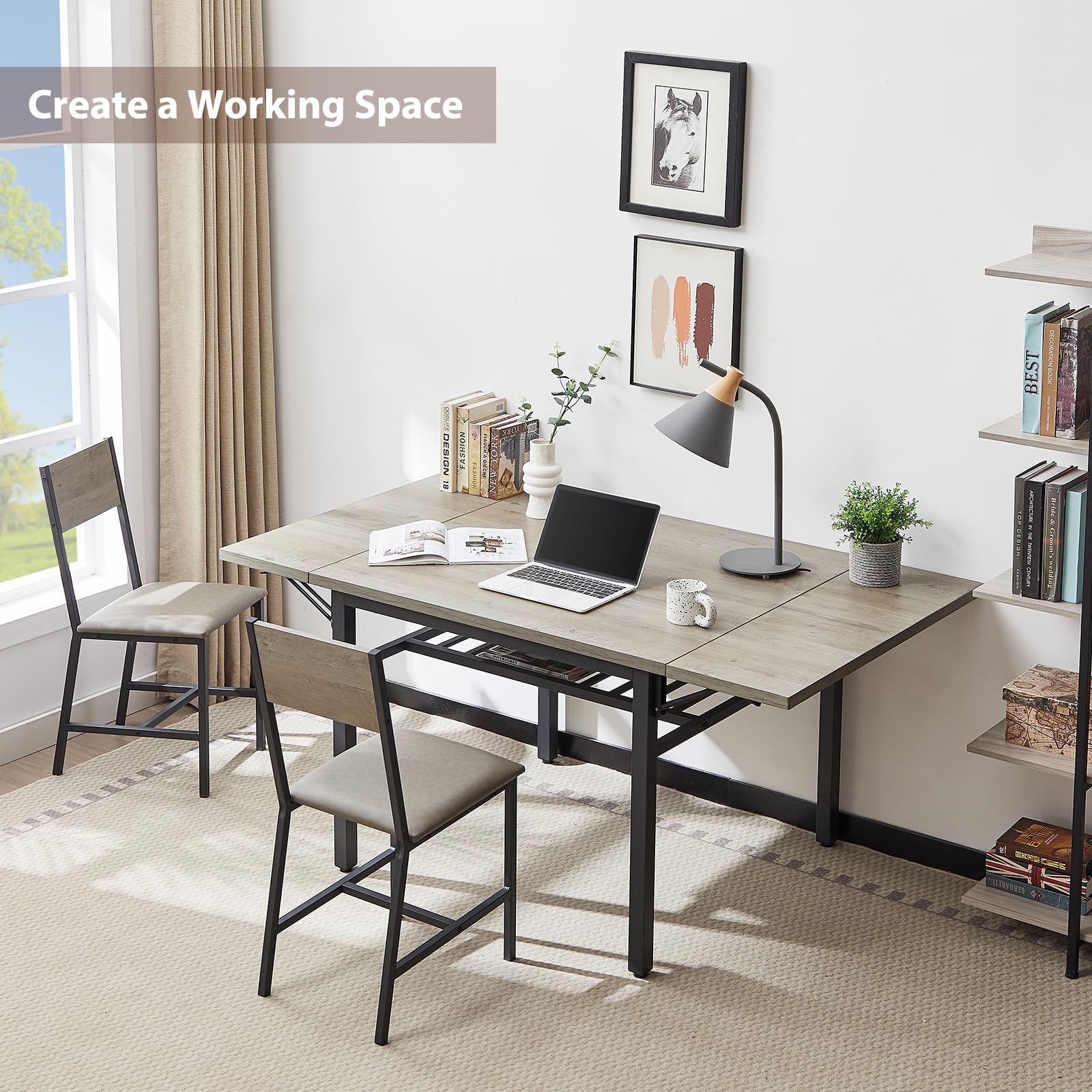 Suheww Folding Dining Table, Drop Leaf Tables with Metal Storage Racks, 63.2” Industrial Extendable Compact Kitchen Table for Apartment, Small Spaces, Seats 2-6 People, Grey