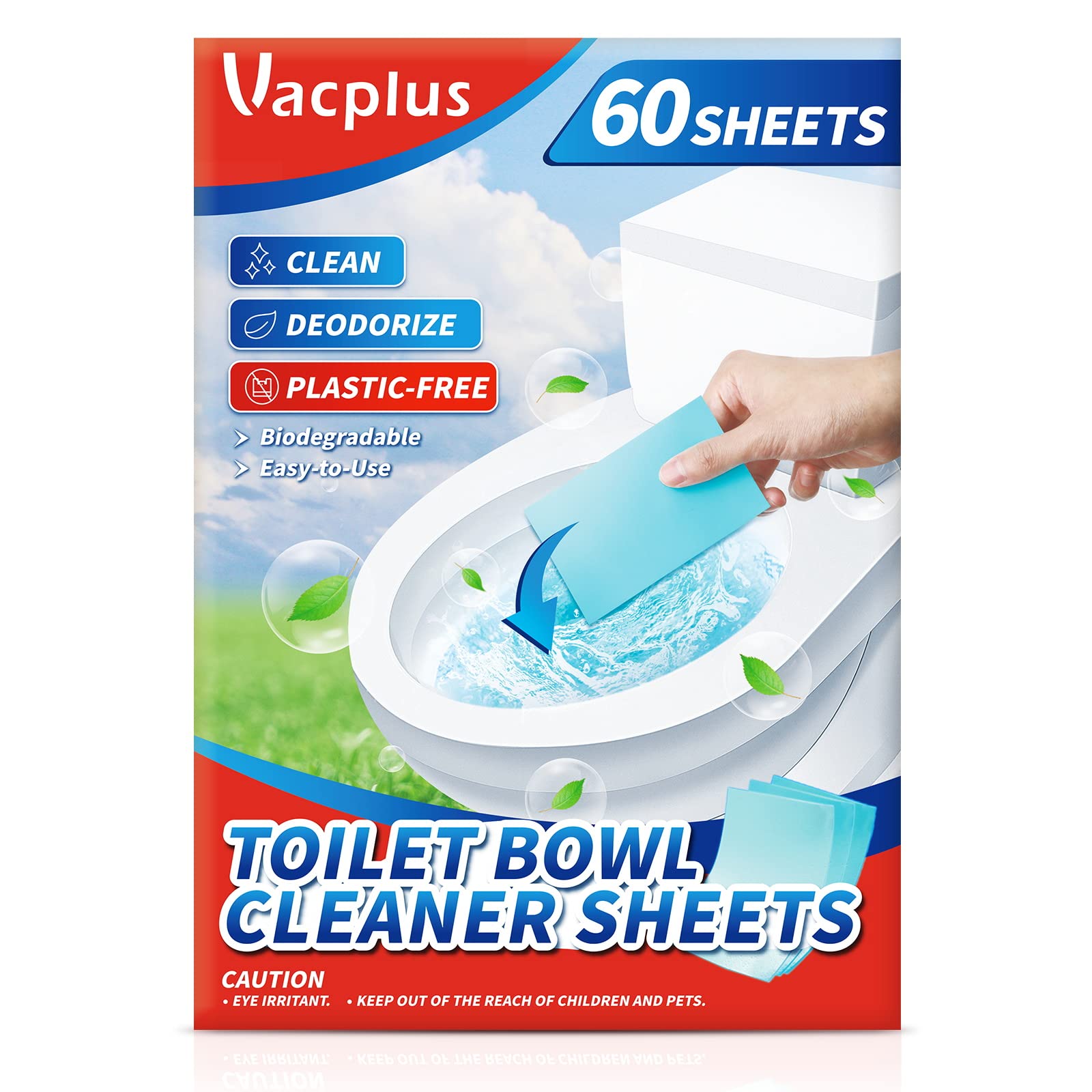 Vacplus Biodegradable Toilet Cleaning Strips - Plastic-Free, Pre-Measured Toilet Bowl Cleaner Sheets Remove Stains and Odors, 60 Pack