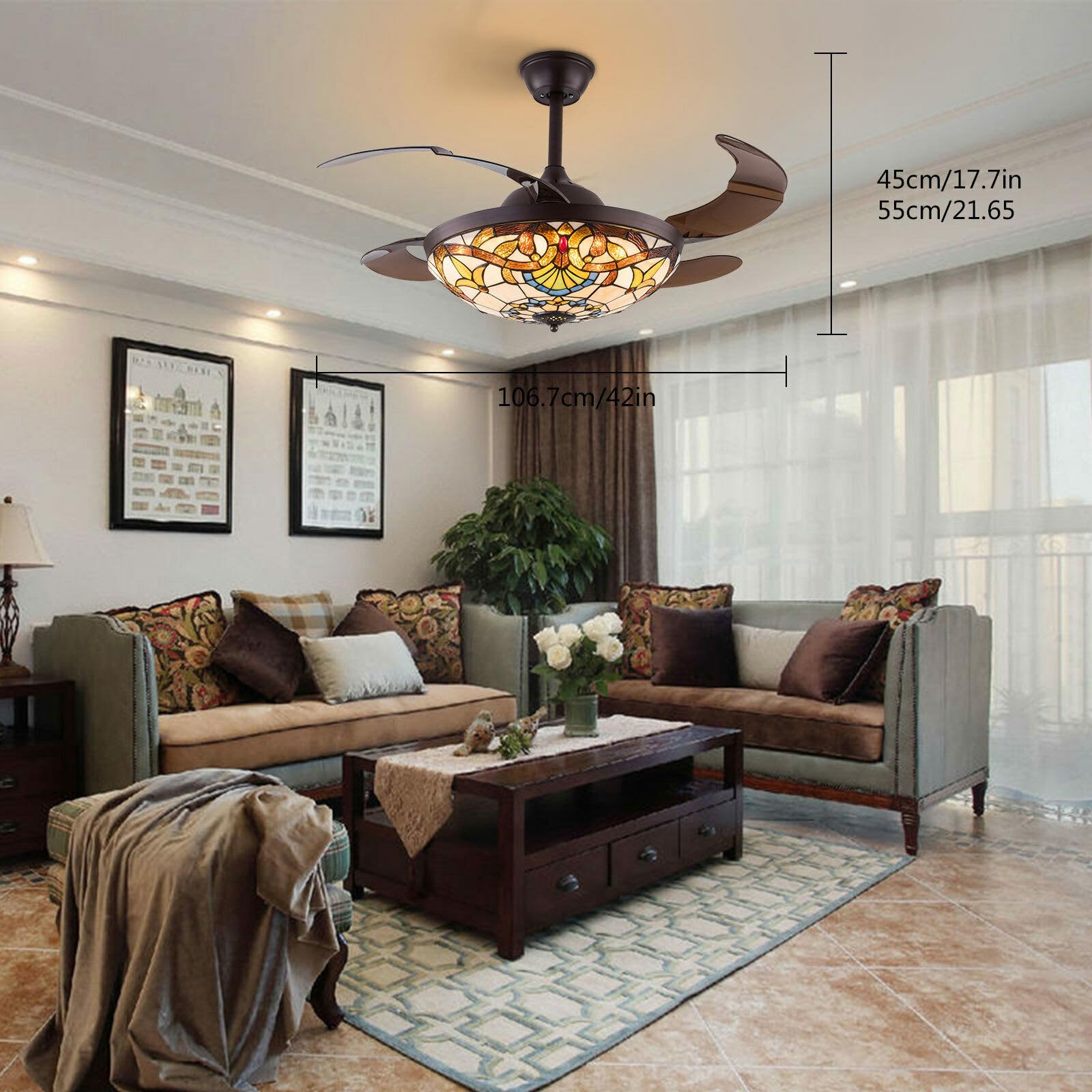 Sindipanda 42" Tiffany Ceiling Fan,Retractable Blade LED Chandelier Fan,Vintage Stained Glass Chandelier w/Remote,for Dining Room Bedroom Living Room