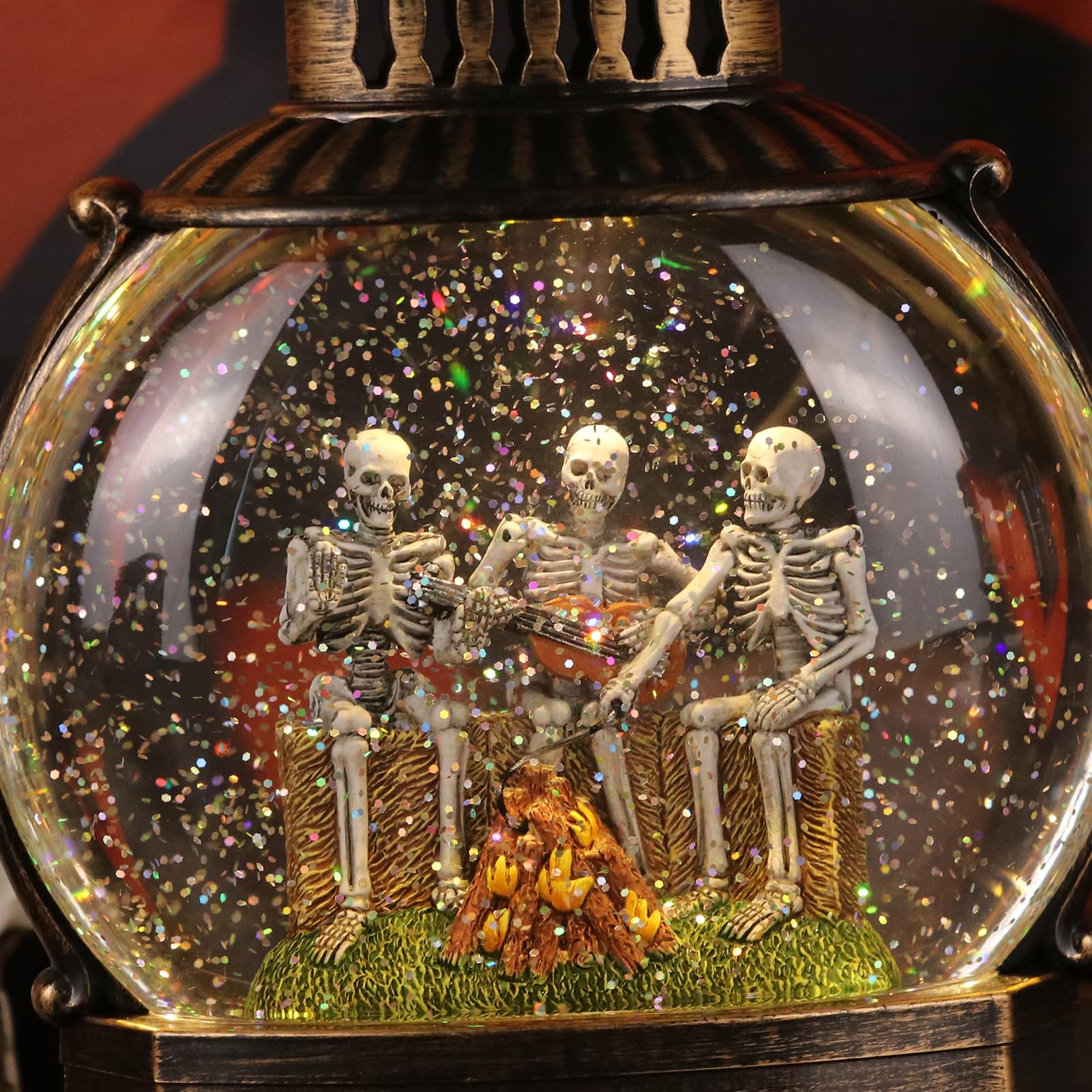 DRomance Halloween Skeleton Snow Globe Lantern with 6H Timer Battery Operated USB Powered Lighted Water Glitters Bronze Canteen Shaped Snow Globe Halloween Decoration Children Gift(6 x 3.2 x 11 Inch)