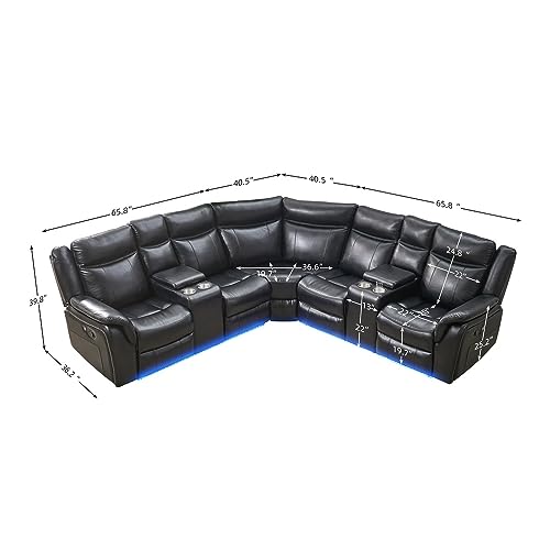 Modern Manual Reclining Motion Corner Sectional Sofa Couch ,PU Leather Upholstered Recliner Sofa & Couch W/ 2 Console Storage, 4 Cup Holders ,USB Ports and LED Stripes for Living Room Furniture Sets