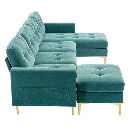 UBGO Living Room Furniture Sets,110" Large Sofa,U-Shape Sectional Chaise Lounge and Convertible Ottoman,Velvet Couches for Apartment,Office (Green)