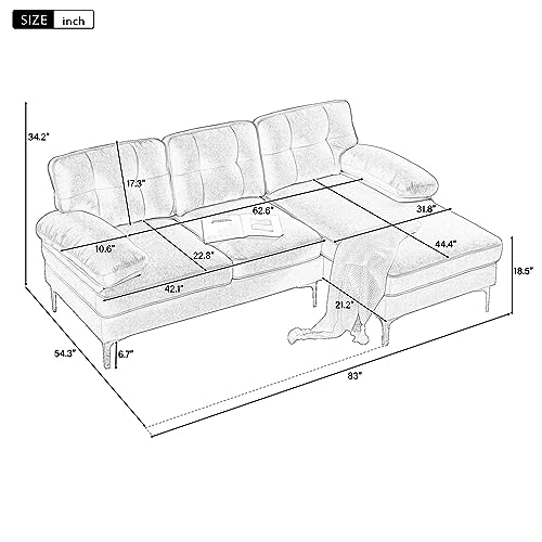 Polibi 83" L-Shape Convertible Sectional Sofa Set with Chaise Lounge, Metal Legs and Button Tufted, 3-Seat Couch for Living Room, Blue