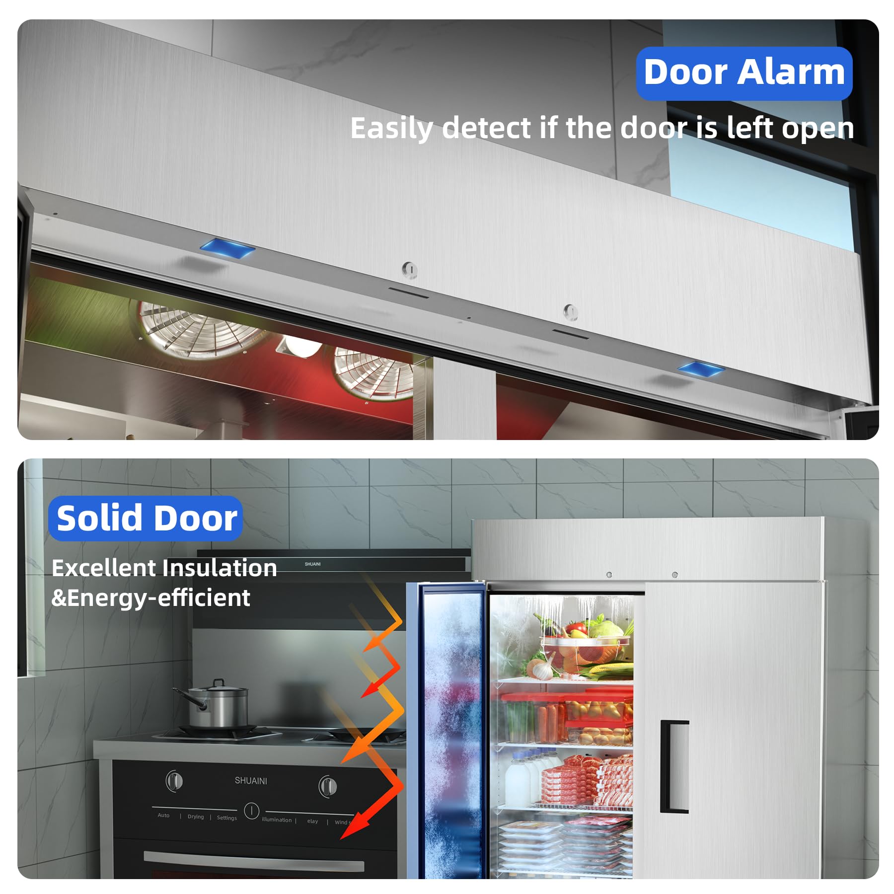 Coolski 54'' W Commercial Refrigerator, Stainless Steel Reach-in Refrigerator with 49 Cu.Ft Capacity/8 Shelves/LED Lighting/33℉~41℉/ETL Approved