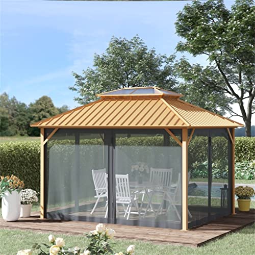 GXBPY 12' x 10' Hardtop Gazebo Steel Canopy Outdoor Pergola with Aluminum Frame and Netting for Patios, Gardens, Lawns