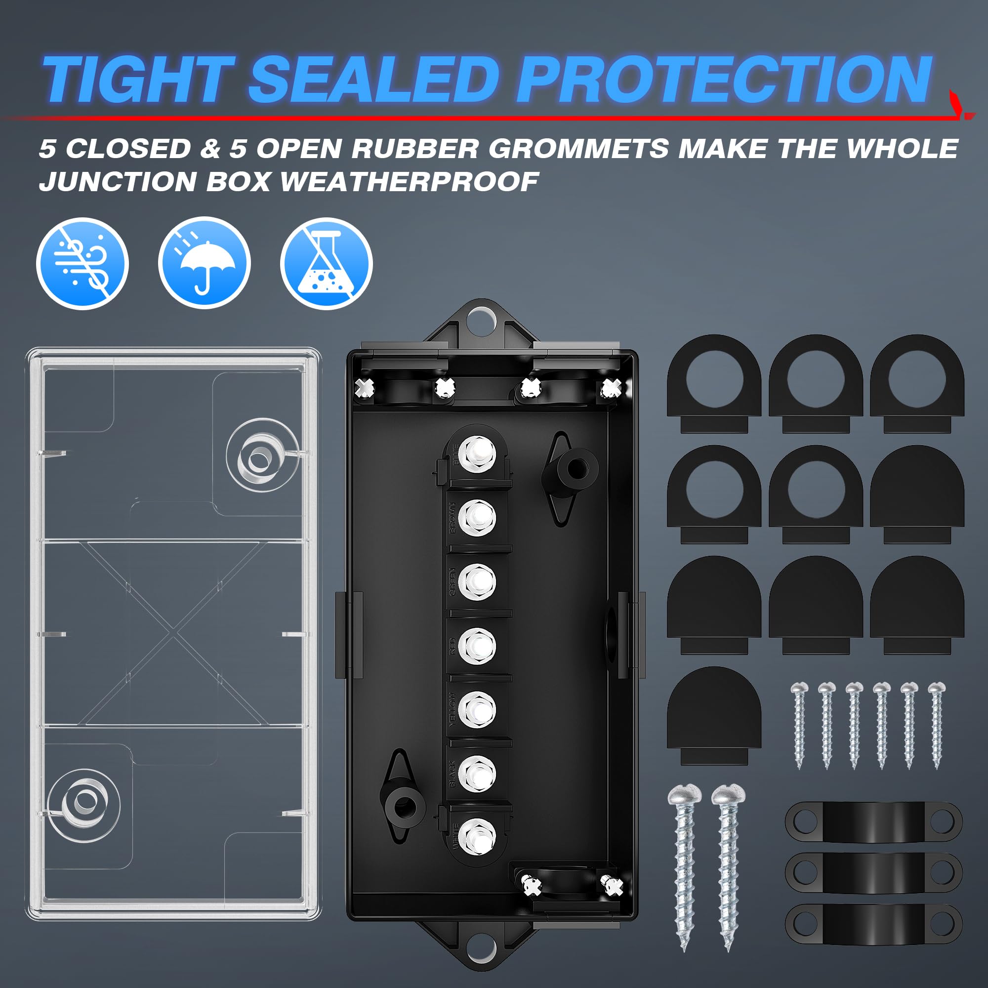 MICTUNING 7 Way Electrical Trailer Junction Box - 7 Gang Trailer Wire Connection Box Weatherproof for Rewiring Camper RV Caravans Boat Light, Transparent Cover