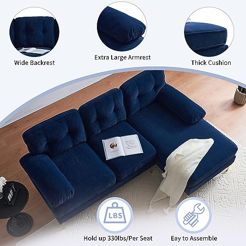 Polibi 83" L-Shape Convertible Sectional Sofa Set with Chaise Lounge, Metal Legs and Button Tufted, 3-Seat Couch for Living Room, Blue