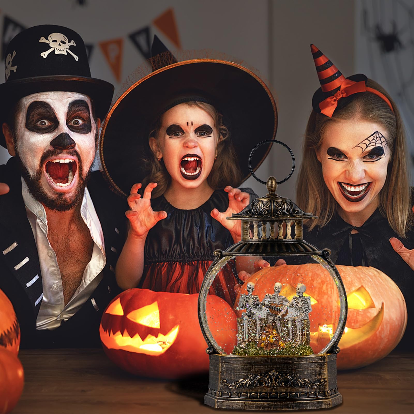 DRomance Halloween Skeleton Snow Globe Lantern with 6H Timer Battery Operated USB Powered Lighted Water Glitters Bronze Canteen Shaped Snow Globe Halloween Decoration Children Gift(6 x 3.2 x 11 Inch)