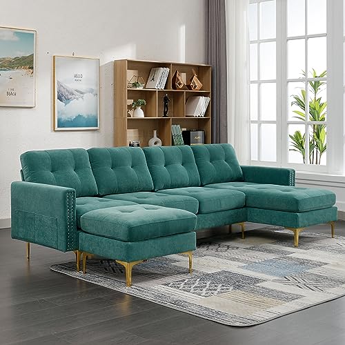UBGO Living Room Furniture Sets,110" Large Sofa,U-Shape Sectional Chaise Lounge and Convertible Ottoman,Velvet Couches for Apartment,Office (Green)