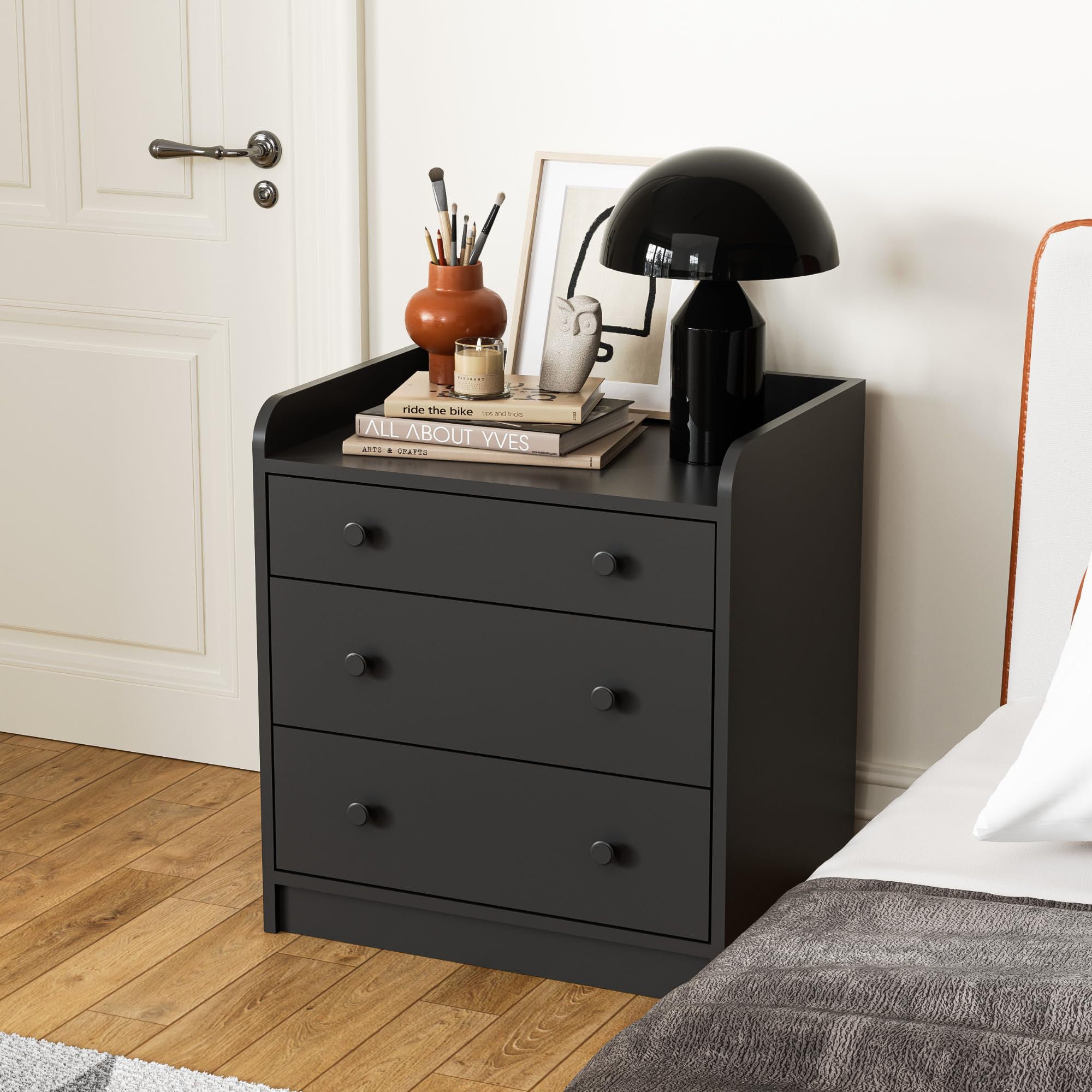 Anystyle Black 3 Drawer Dresser Set of 2, Modern 3 Drawer Dresser Bedside Table, Black Side End Table Nightstand for Bedroom Living Room