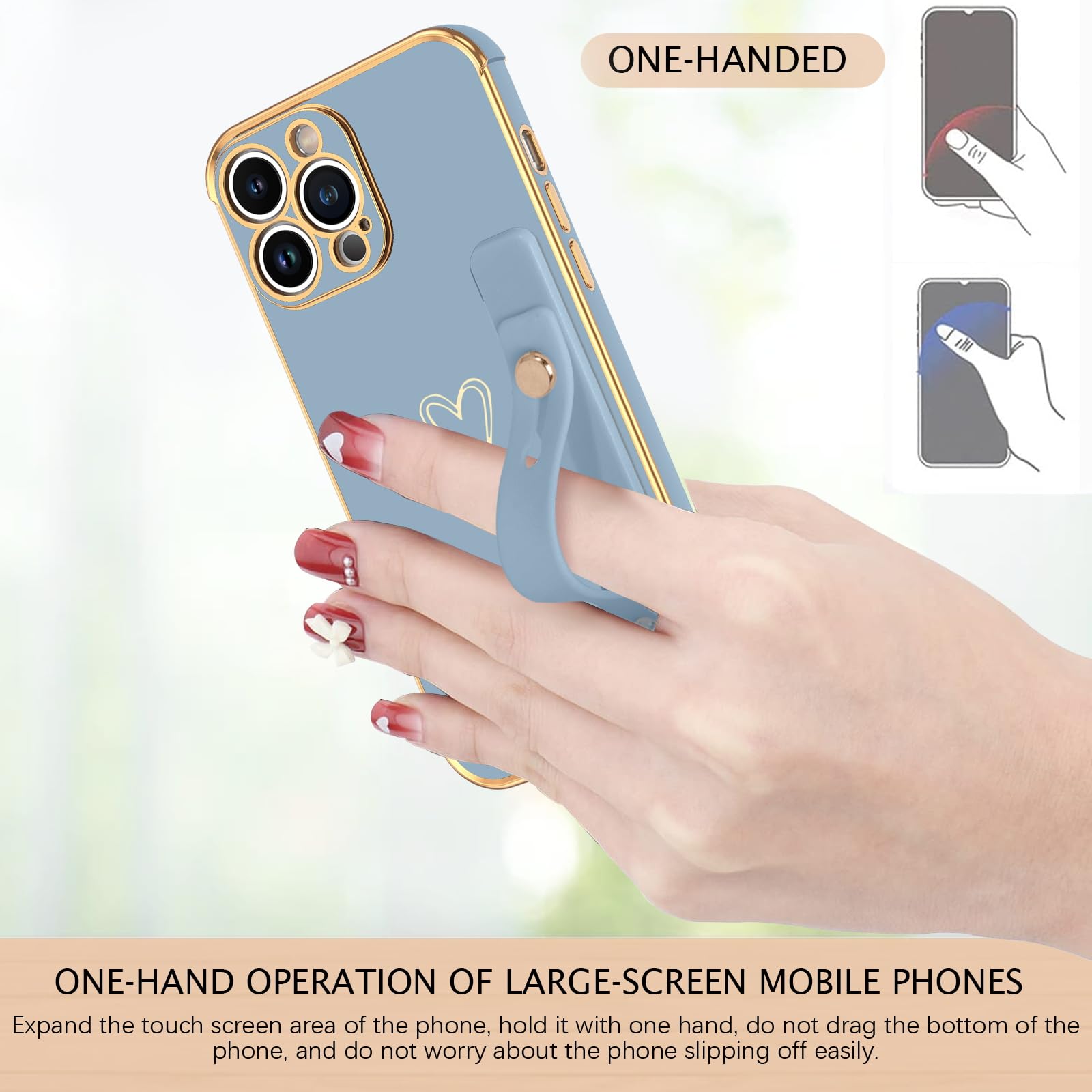 BENTOBEN for iPhone 13 Pro Max Phone Case, Cute Heart Adjustable Strap Wristband Kickstand Holder Shockproof Protective Soft TPU Luxury Plating Raised Trim Girls Women iPhone 13 Pro Max Case, Gray