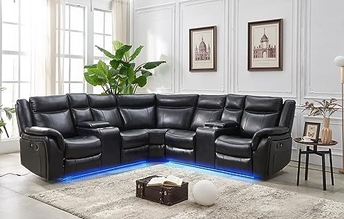 Modern Manual Reclining Motion Corner Sectional Sofa Couch ,PU Leather Upholstered Recliner Sofa & Couch W/ 2 Console Storage, 4 Cup Holders ,USB Ports and LED Stripes for Living Room Furniture Sets