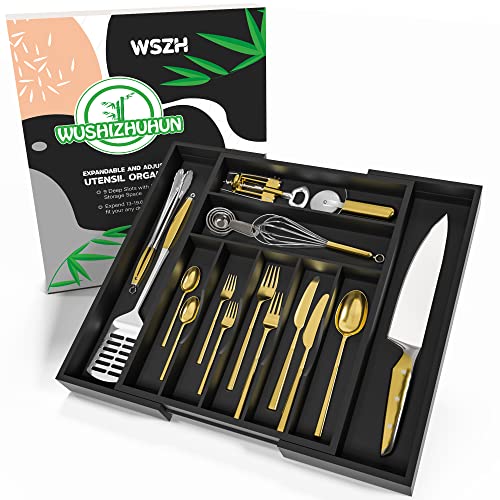 Utensil Organizer Silverware Drawer Organizer - Bamboo Expandable Cutlery Tray with Dividers for Utensil Holder Office Storage Makeup Desk Drawer Tool Organization W13.5"-19.5" x L17.5" x H2.5"(Black)