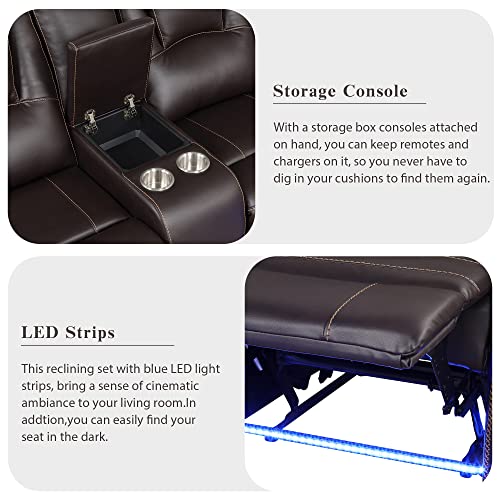 Modern Manual Reclining Motion Corner Sectional Sofa ,5 Seaters PU Leather Recliner Sofa & Couch Curved L-Shaped Couch W/ LED Strip, Console Storage and 2 Cup Holders for Living Room Furniture Sets
