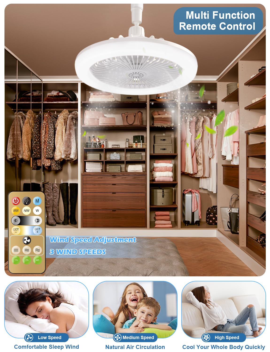 Enclosed Ceiling Fan with Light - Small 10-inch Bladeless Socket Fans with Remote Control, Dimmable LED Lights 3 Gear Wind Speeds for Garage Tool Room/Store Room/Kitchen/Bathroom
