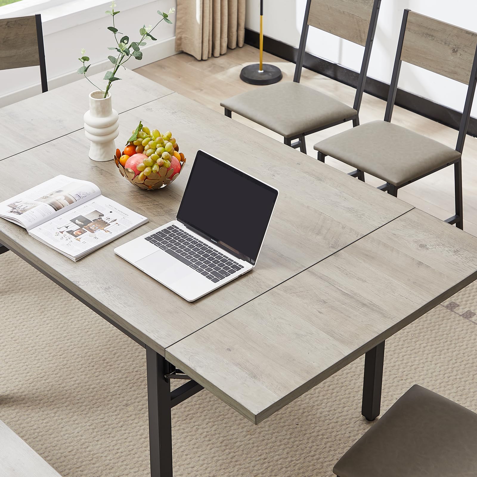 Suheww Folding Dining Table, Drop Leaf Tables with Metal Storage Racks, 63.2” Industrial Extendable Compact Kitchen Table for Apartment, Small Spaces, Seats 2-6 People, Grey