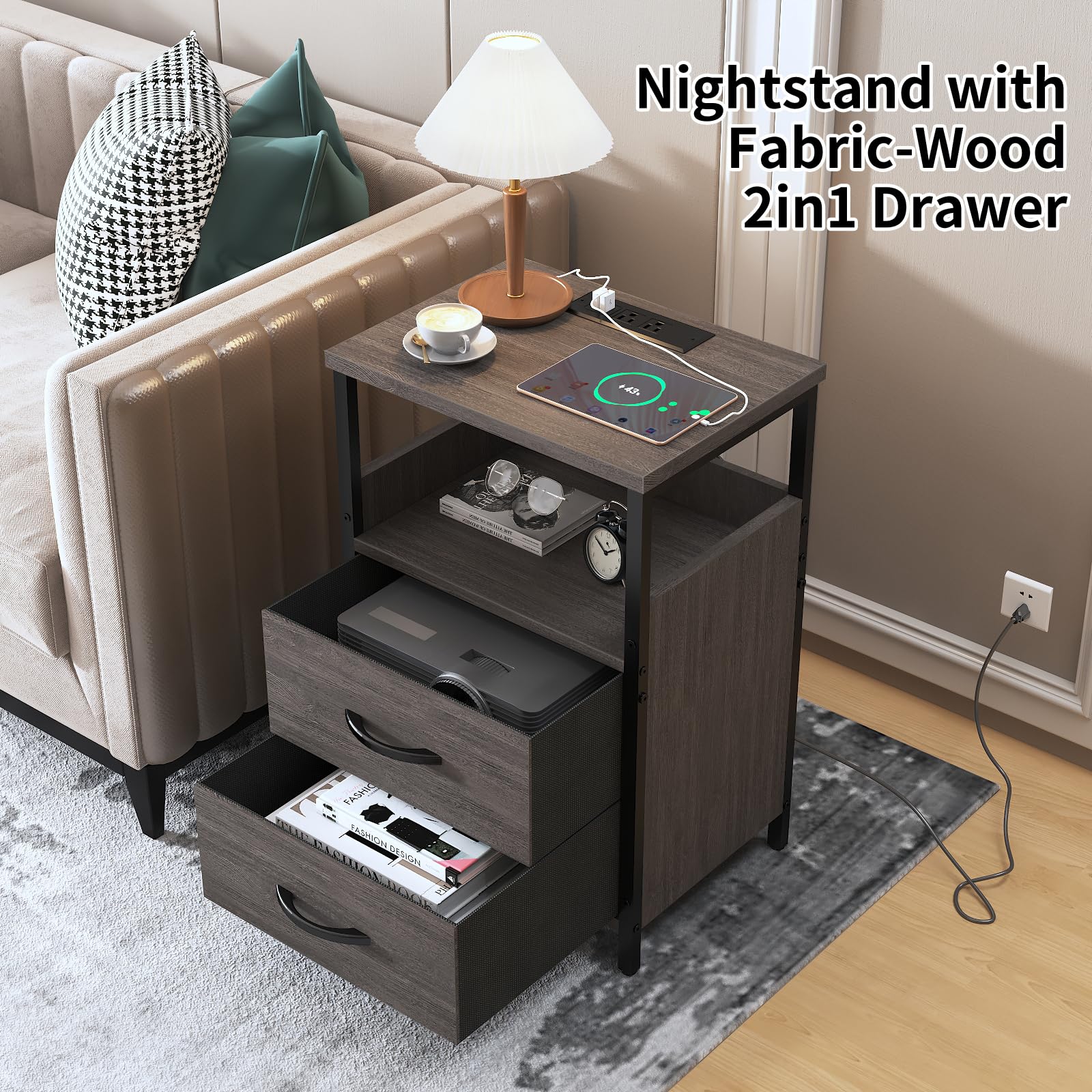 KHLJJU Nightstand with Charging Station, End Table Fabric-Wood 2-in-1 Drawer, Side for Small Spaces, Grey Bedside Tables USB Ports and Outlets Living Room, Bedroom, Office, KHL-BC-Hui-A