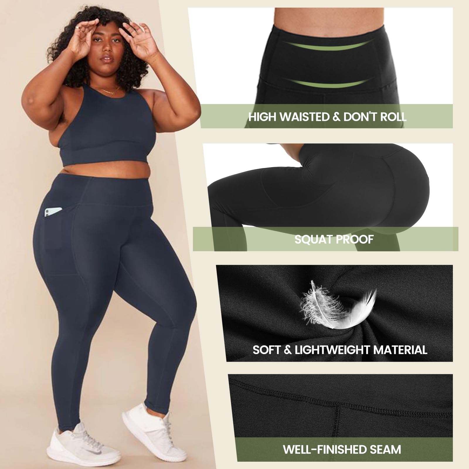 HLTPRO 3 Pack Plus Size Leggings with Pockets for Women - Black High Waisted Tummy Control Soft Yoga Pants for Gym Workout