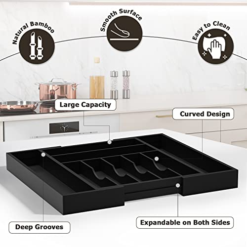 Utensil Organizer Silverware Drawer Organizer - Bamboo Expandable Cutlery Tray with Dividers for Utensil Holder Office Storage Makeup Desk Drawer Tool Organization W13.5"-19.5" x L17.5" x H2.5"(Black)
