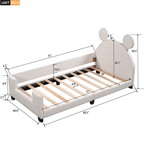 Mancofy Twin Size Cute Upholstered Daybed with Carton Ears Shaped Headboard, Wooden Twin Platform Bed Frame for Girls Boys, PU Leather Sofa Bed, Low Profile Single Bed (Round Ears White)