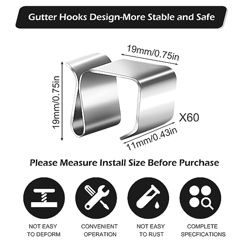 60PCS Metal Christmas Light Gutter Hooks Xmas Lights Hanging Clips Outdoor Seasonal Lighting Hooks Galvanized Holiday Light Clips Gutter Light Hangers Roof Hooks for Outdoor String Patio Lights