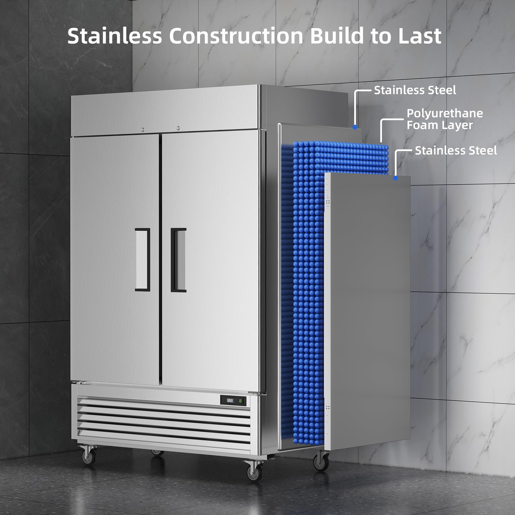 Coolski 54'' W Commercial Refrigerator, Stainless Steel Reach-in Refrigerator with 49 Cu.Ft Capacity/8 Shelves/LED Lighting/33℉~41℉/ETL Approved